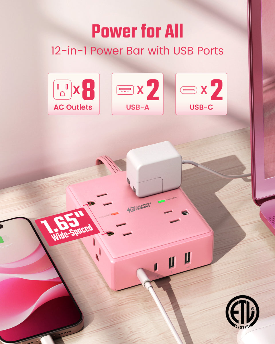 Pink Extension Cord 10Ft, Flat Plug Surge Protector Power Strip, 8 Out ...