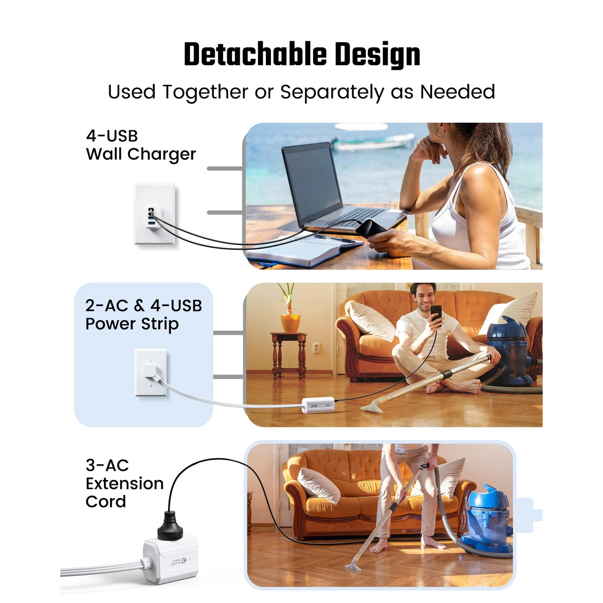 Superdanny SUPERDANNY Detachable Travel Power Strip,45W USB Fast Charg