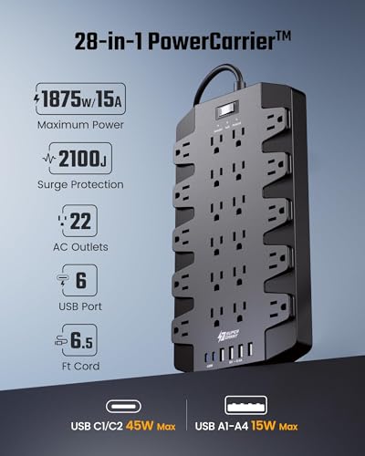 Power Strip with 45W PD USB-C 2100J Mountable E 22 Outlet – SUPERDANNY