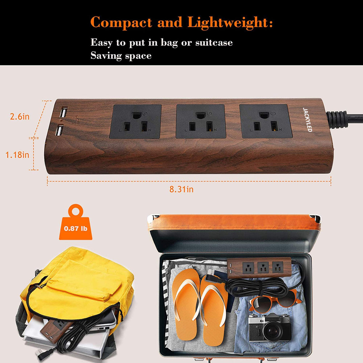 10Ft Extension Cord with USB Ports, SUPERDANNY Flat Plug Brown Power S