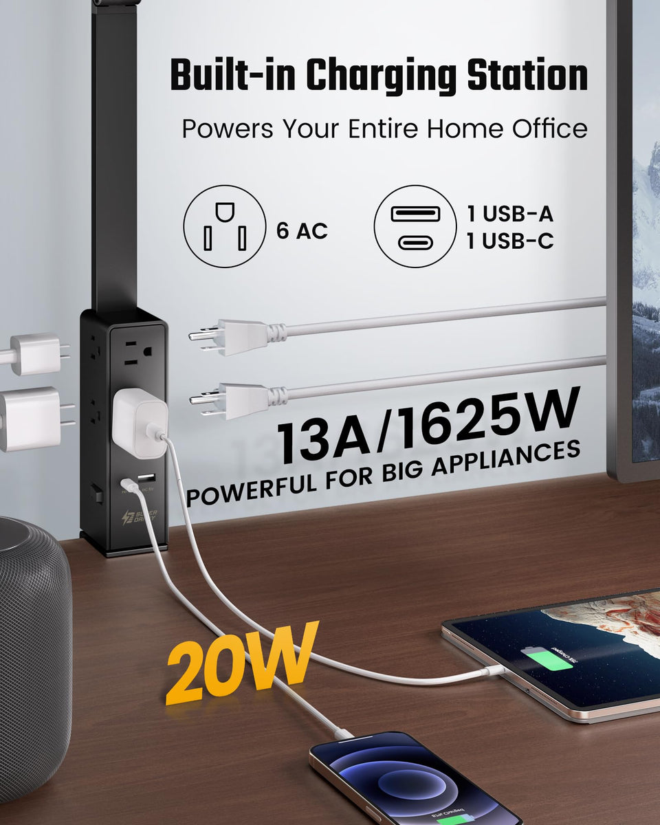 SUPERDANNY LED Desk Lamp with Power Strip (6 Outlets, 1 USB, 1 Type-C)