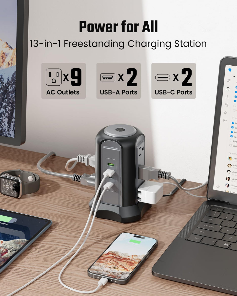Power Strip Tower Surge Protector, SUPERDANNY Desktop Charging Station