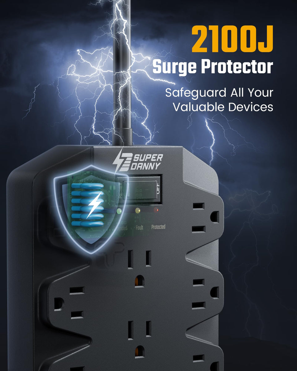 Power Bar with Surge Protector, SUPERDANNY 18 Widely-Spaced AC Outlets